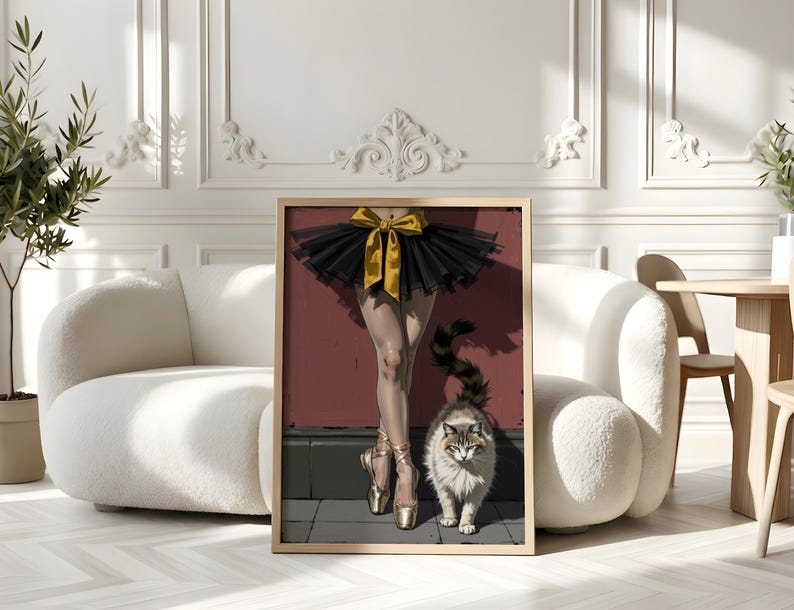 Ballerina Poster, Ballet Wall Art, Whimsical Cat Companion, Modern Gold ...