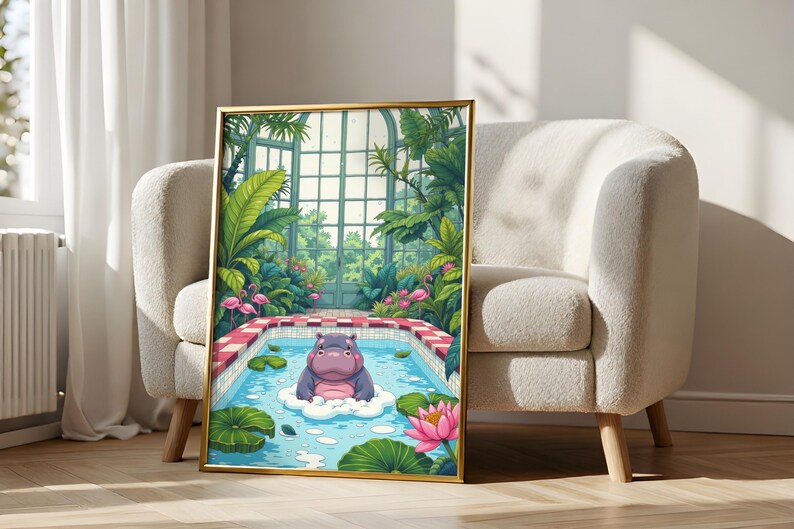 Tropical Hippo Bath Pink Framed Poster Whimsical Illustration Kids ...