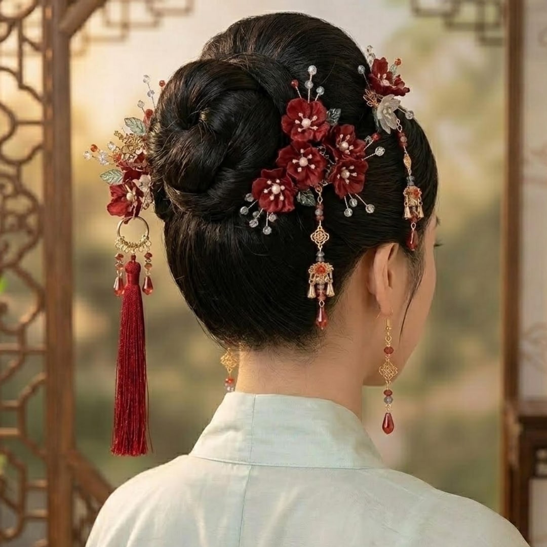 Chinese Hanfu Hair Clips - Flower With Long Tassels, Handmade Alloy and ...