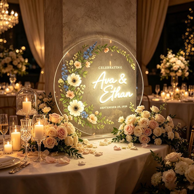 Custom Wedding Neon Sign, Floral Wreath Welcome Light, Personalized ...