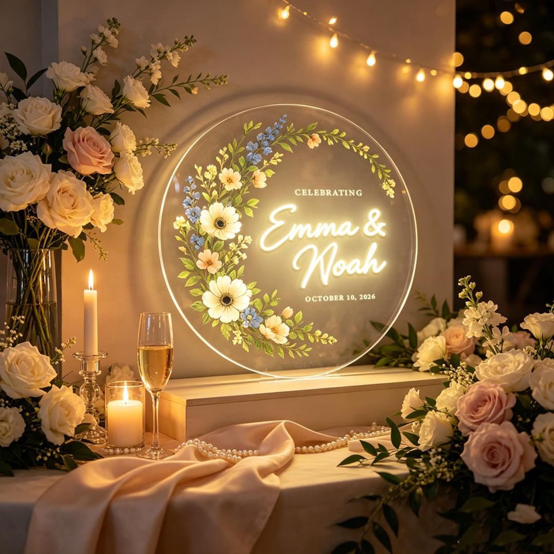 Custom Wedding Neon Sign, Floral Wreath Welcome Light, Personalized ...