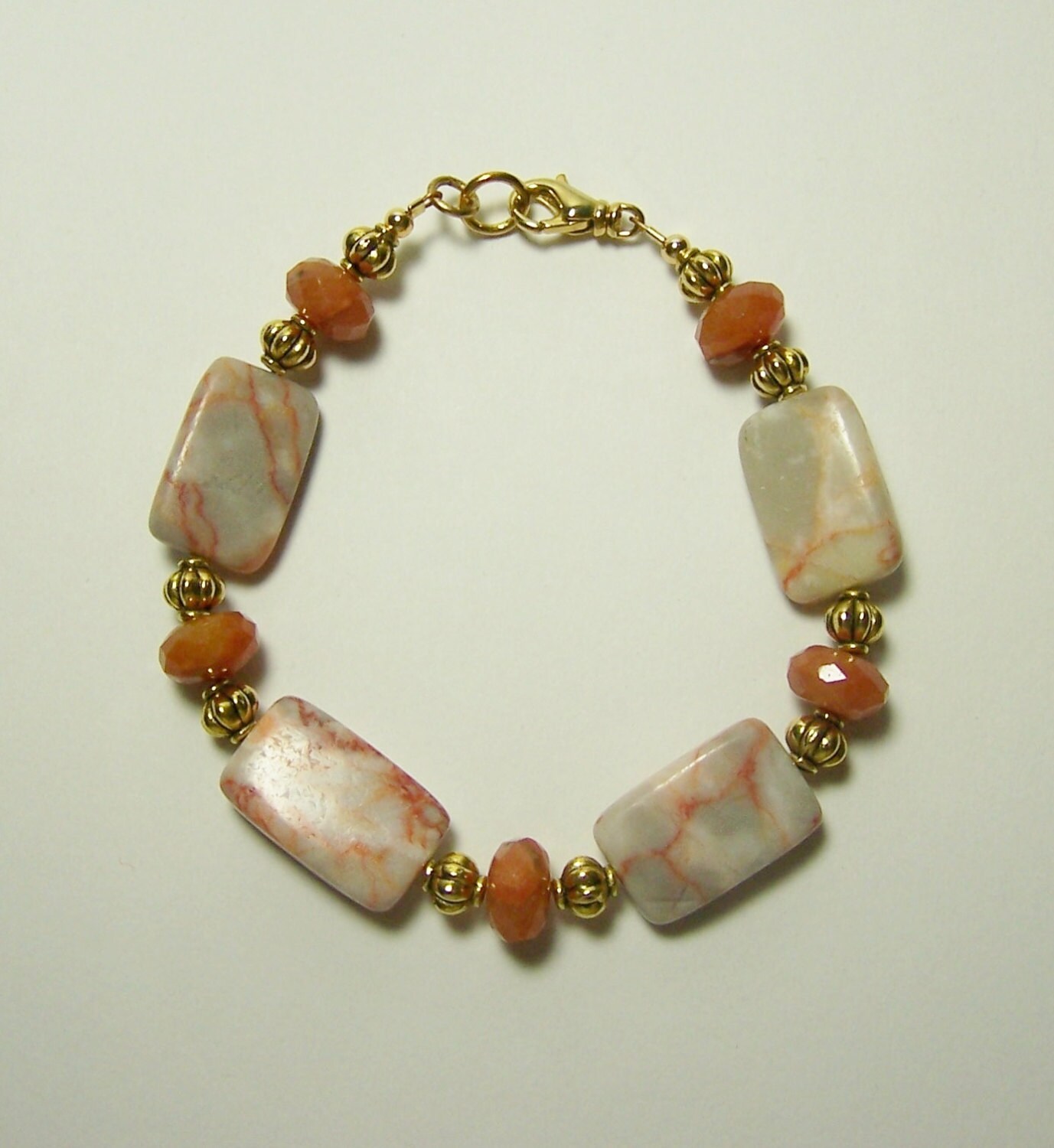 JADE & JASPER BRACELET Faceted Apricot Color Jade Roundels and Marbled ...