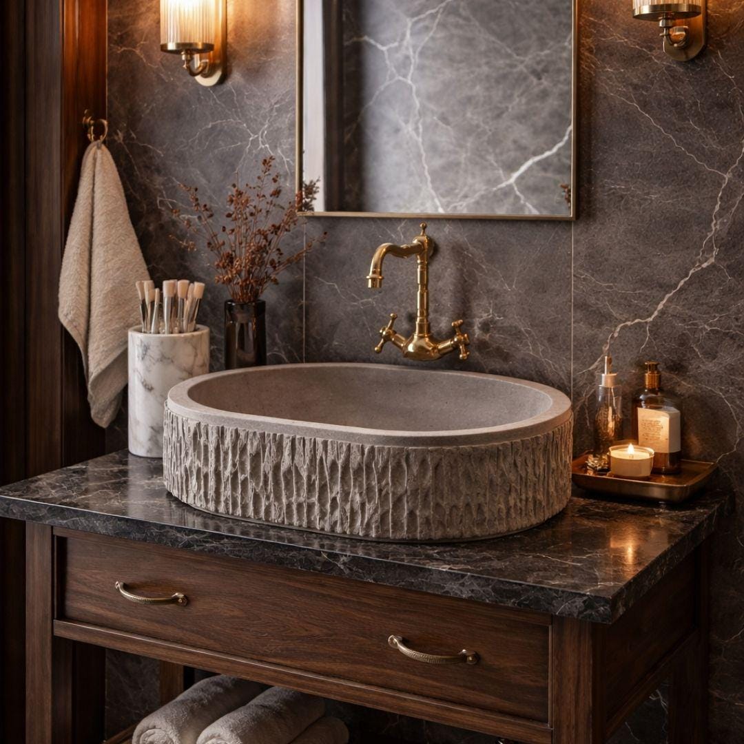 Hand-carved Anthracite Basalt Vessel Sink: Natural Stone Countertop ...