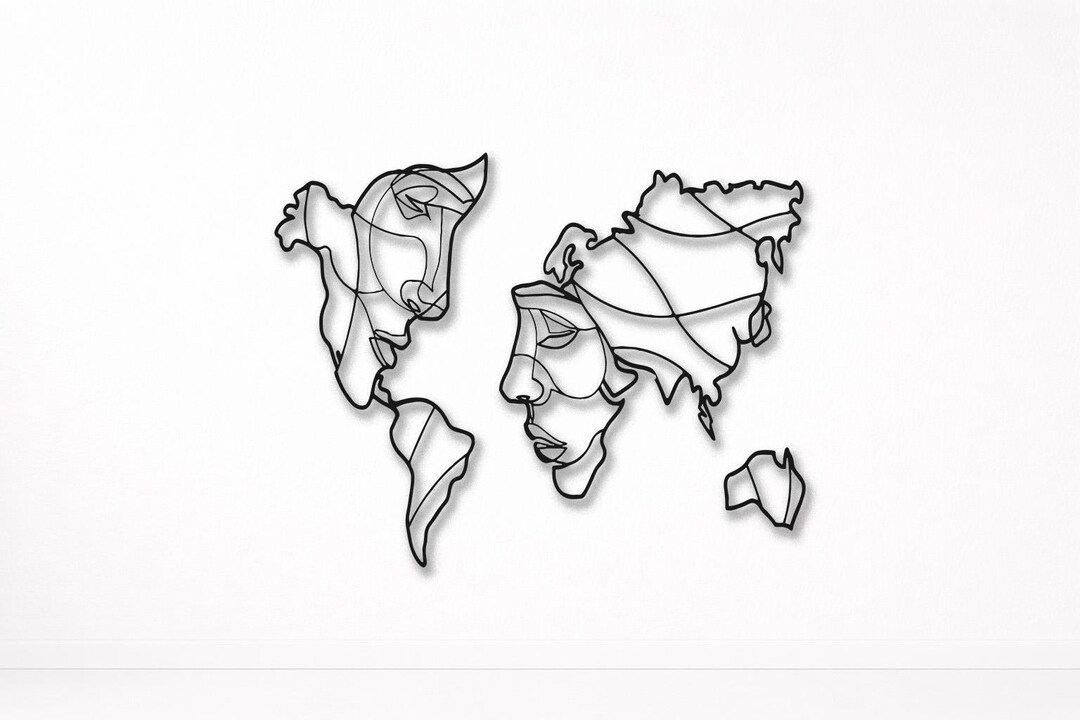 Abstract Face World Map Metal Wall Art, Minimalist Line Art Decor - Etsy