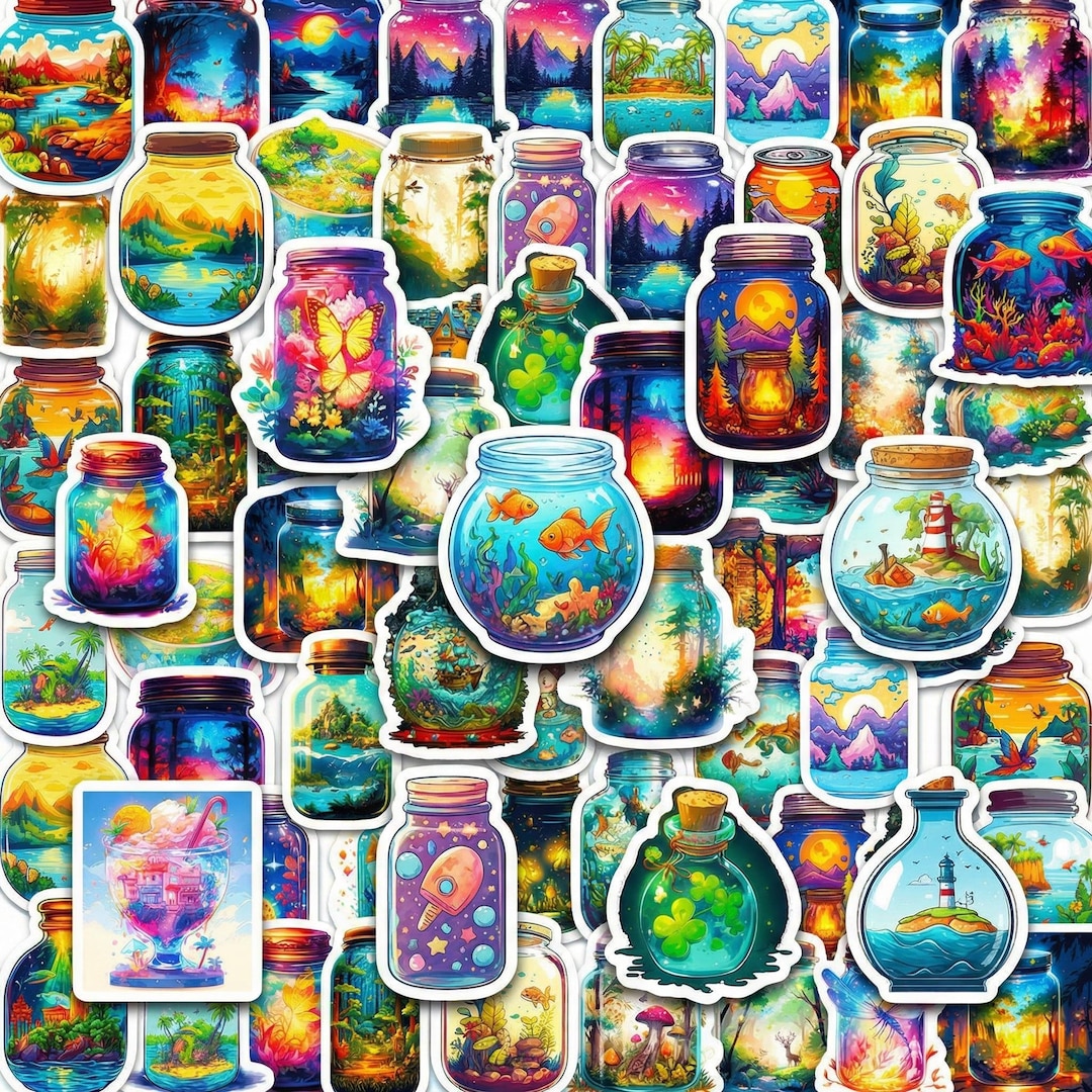 50PCS Fantasy Jar Stickers Pack, Aesthetic Landscape Bottle Vinyl ...