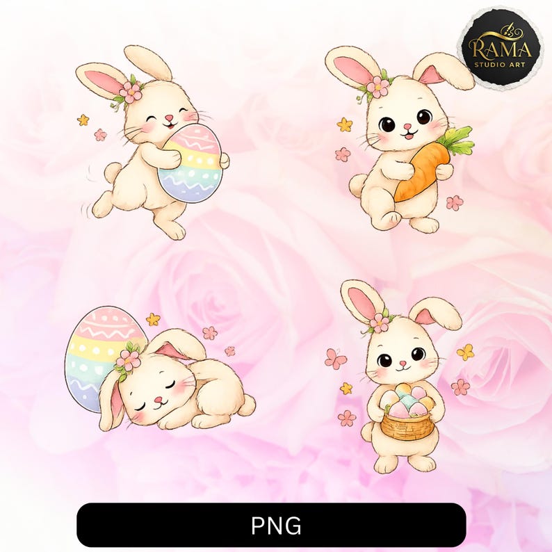 Easter Bunny Clipart PNG Bundle, Spring Rabbit With Egg Basket, Floral ...