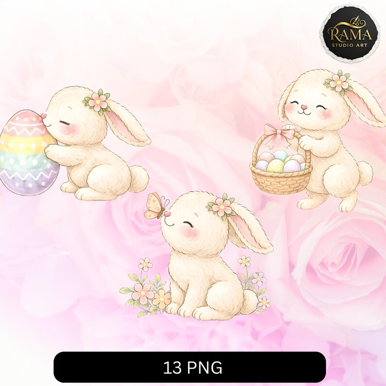Easter Bunny Clipart PNG Bundle, Spring Rabbit With Egg Basket, Floral ...