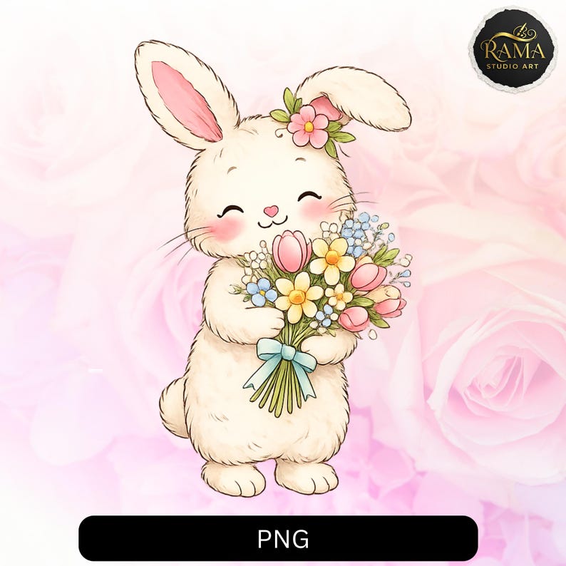 Easter Bunny Clipart PNG Bundle, Spring Rabbit With Egg Basket, Floral ...