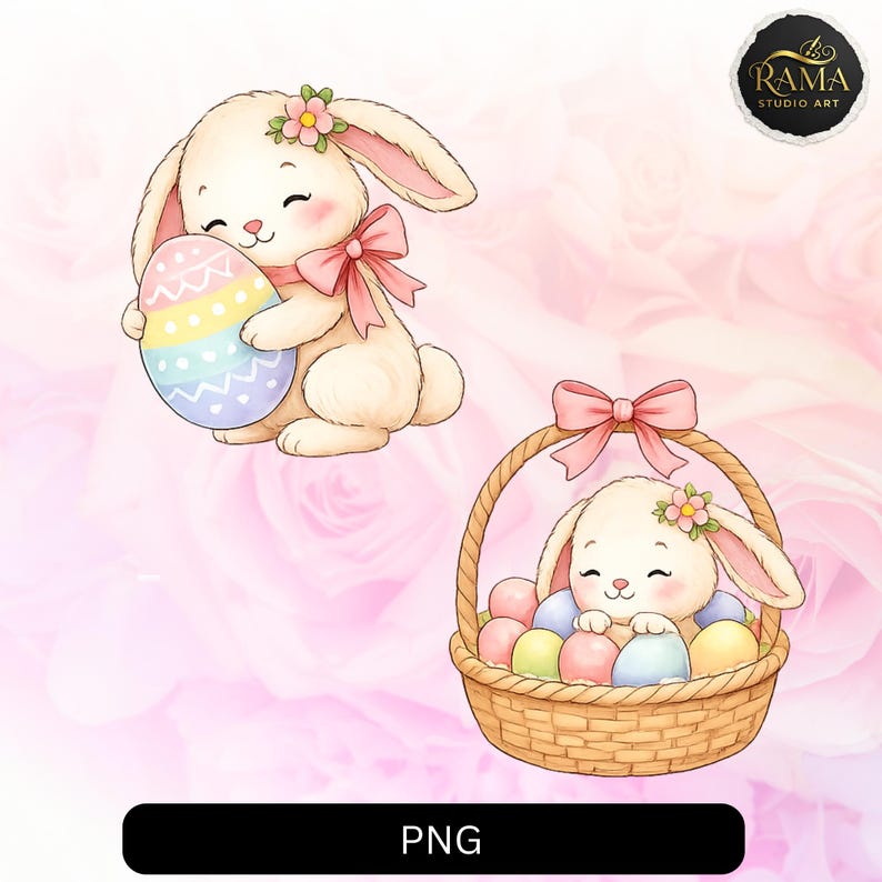 Easter Bunny Clipart PNG Bundle, Spring Rabbit With Egg Basket, Floral ...