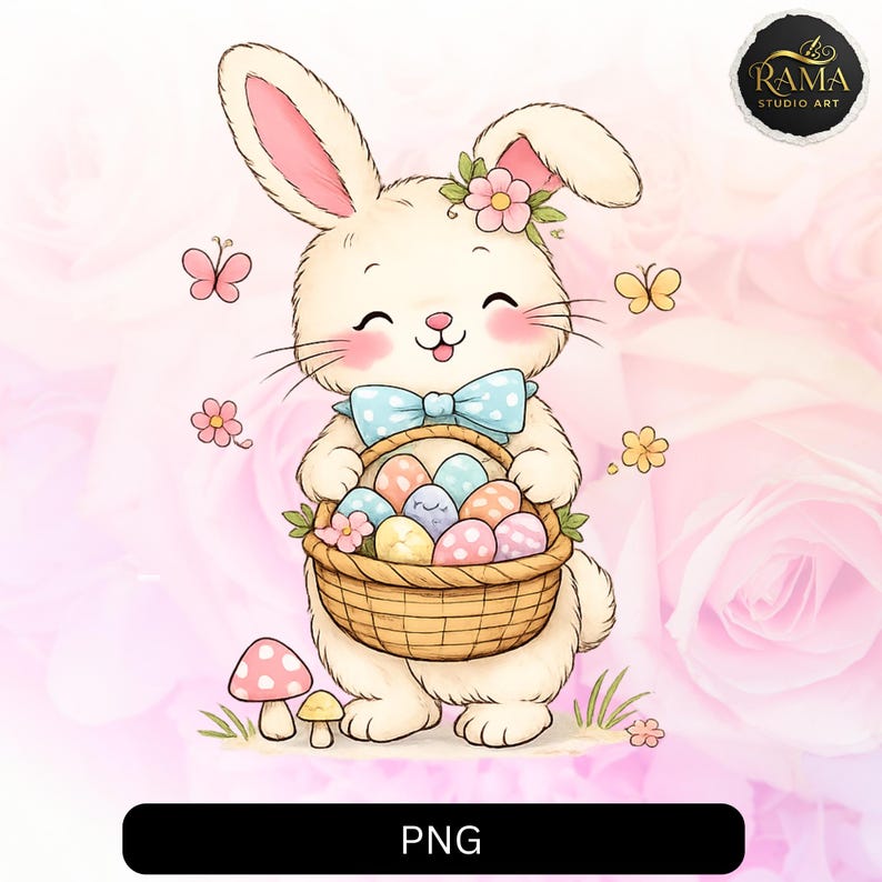 Easter Bunny Clipart PNG Bundle, Spring Rabbit With Egg Basket, Floral ...
