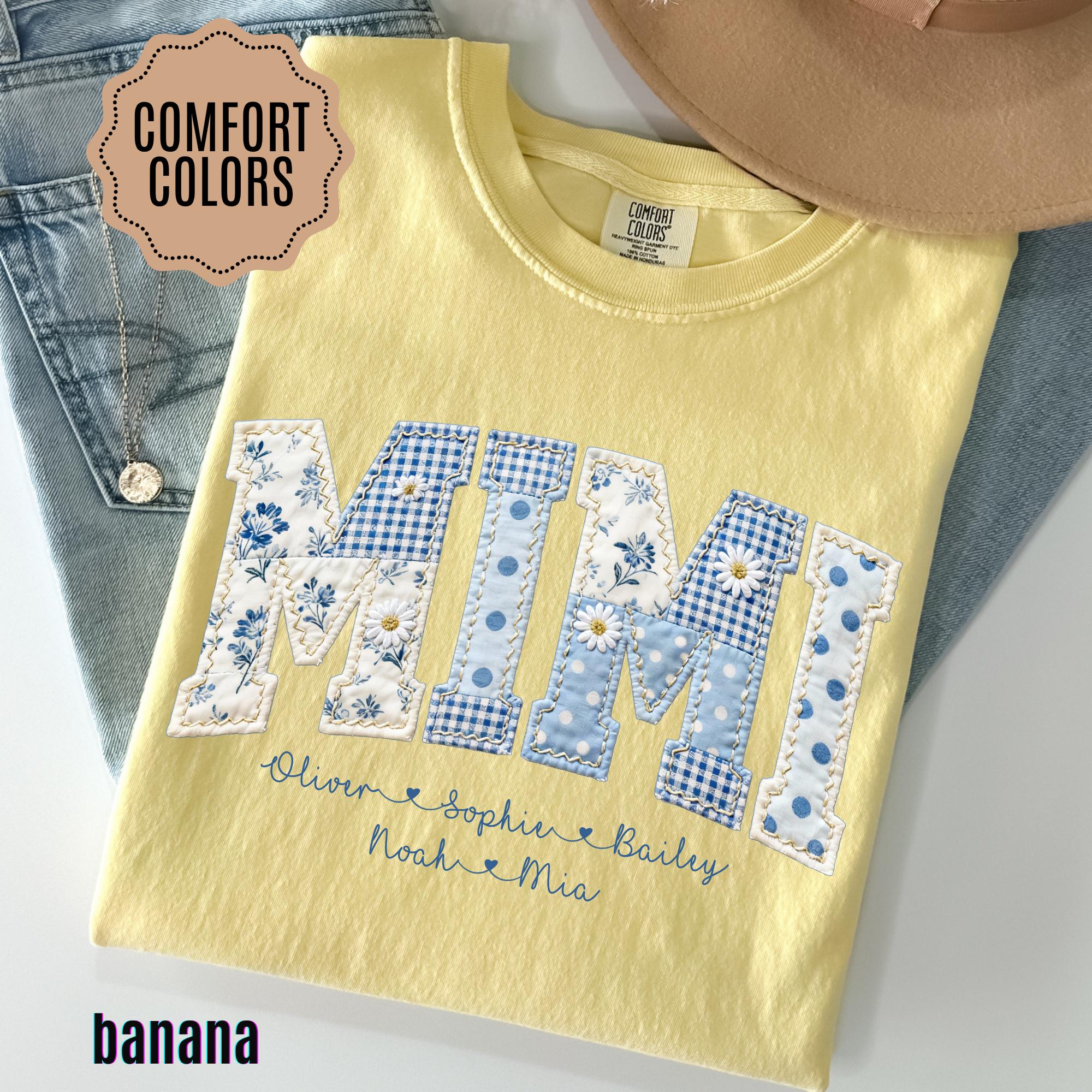 Comfort Colors Mimi Shirt With Names, Faux Patchwork Blue Toile Print ...