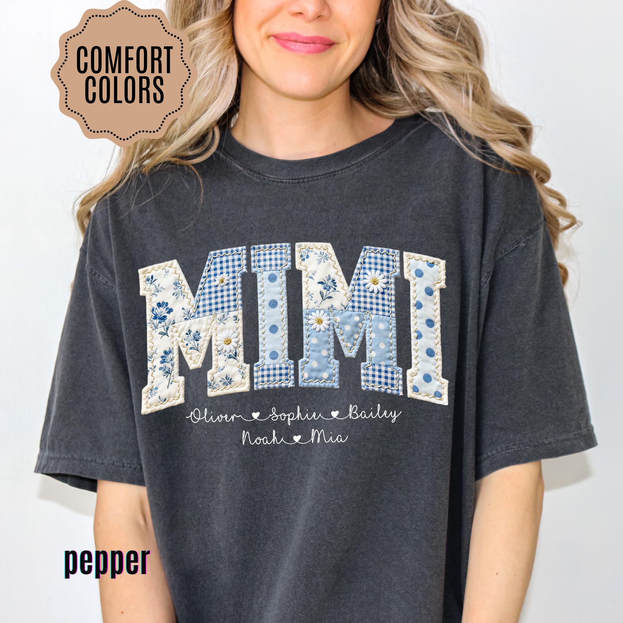 Comfort Colors Mimi Shirt With Names, Faux Patchwork Blue Toile Print ...