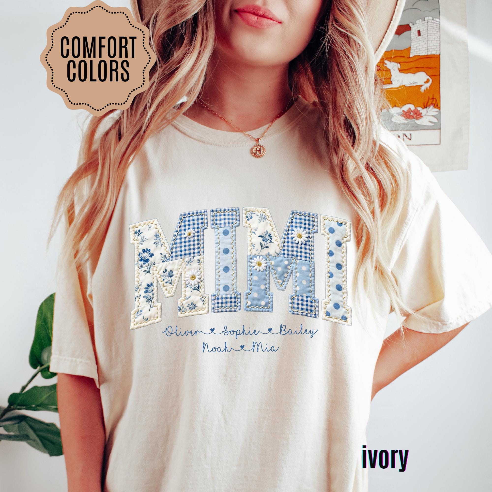 Comfort Colors Mimi Shirt With Names, Faux Patchwork Blue Toile Print ...