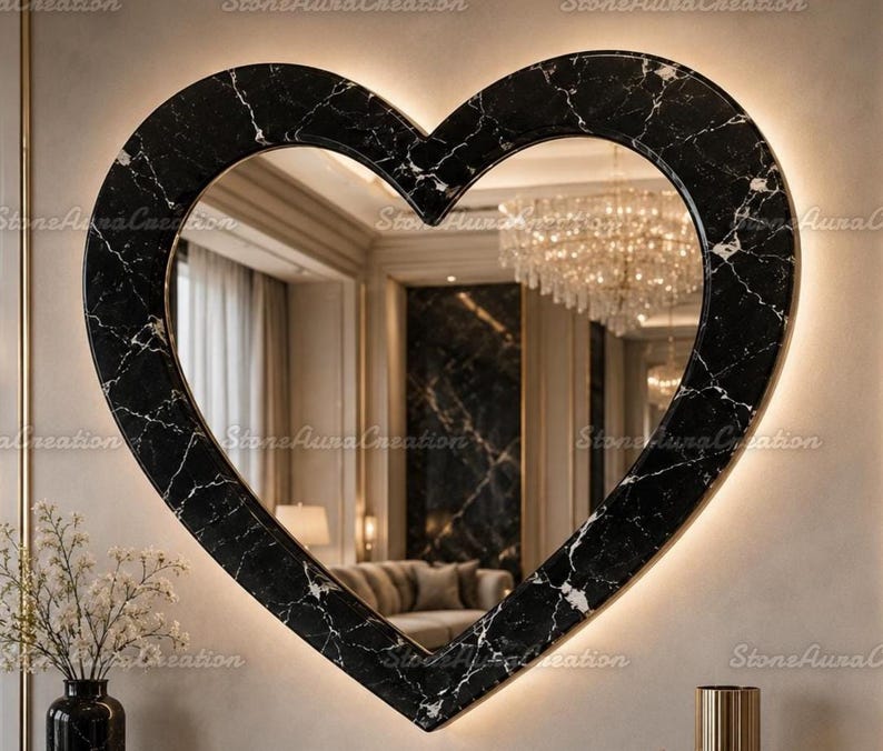 Black Spider Marble Heart Mirror, Backlit Luxury Wall Decor - Etsy