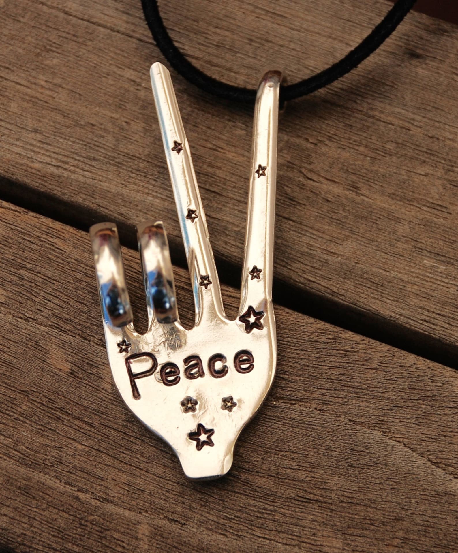PEACE Sign Ornament With LEATHER Made From Vintage Fork Hand - Etsy