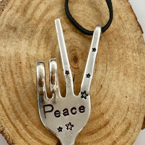 PEACE Sign Ornament With LEATHER Made From Vintage Fork Hand Stamped ...