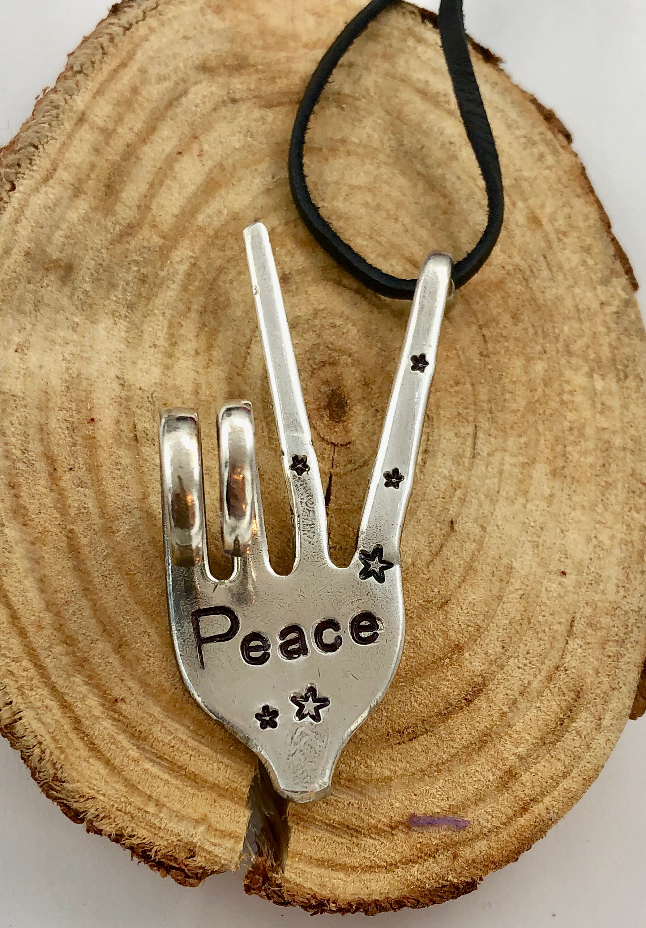 PEACE Sign Ornament With LEATHER Made From Vintage Fork Hand - Etsy