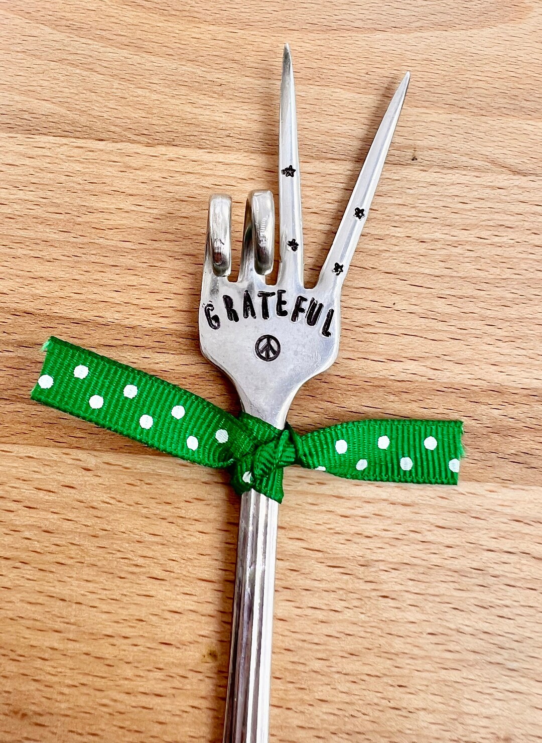 Plant Marker, GRATEFUL Peace Sign Fork, Recycled Hand Stamped, Stars ...