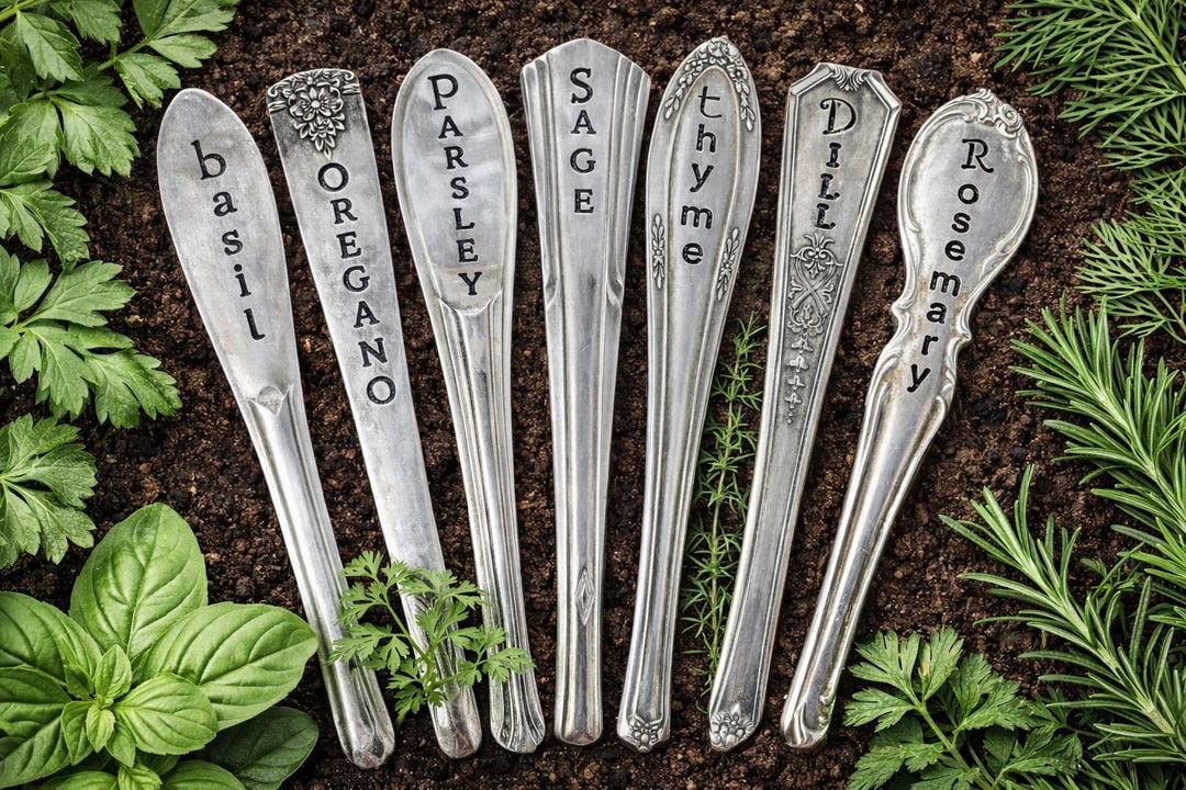 Hand Stamped Silver Plate Herb Markers, Vintage Flatware, Set of 7 - Etsy