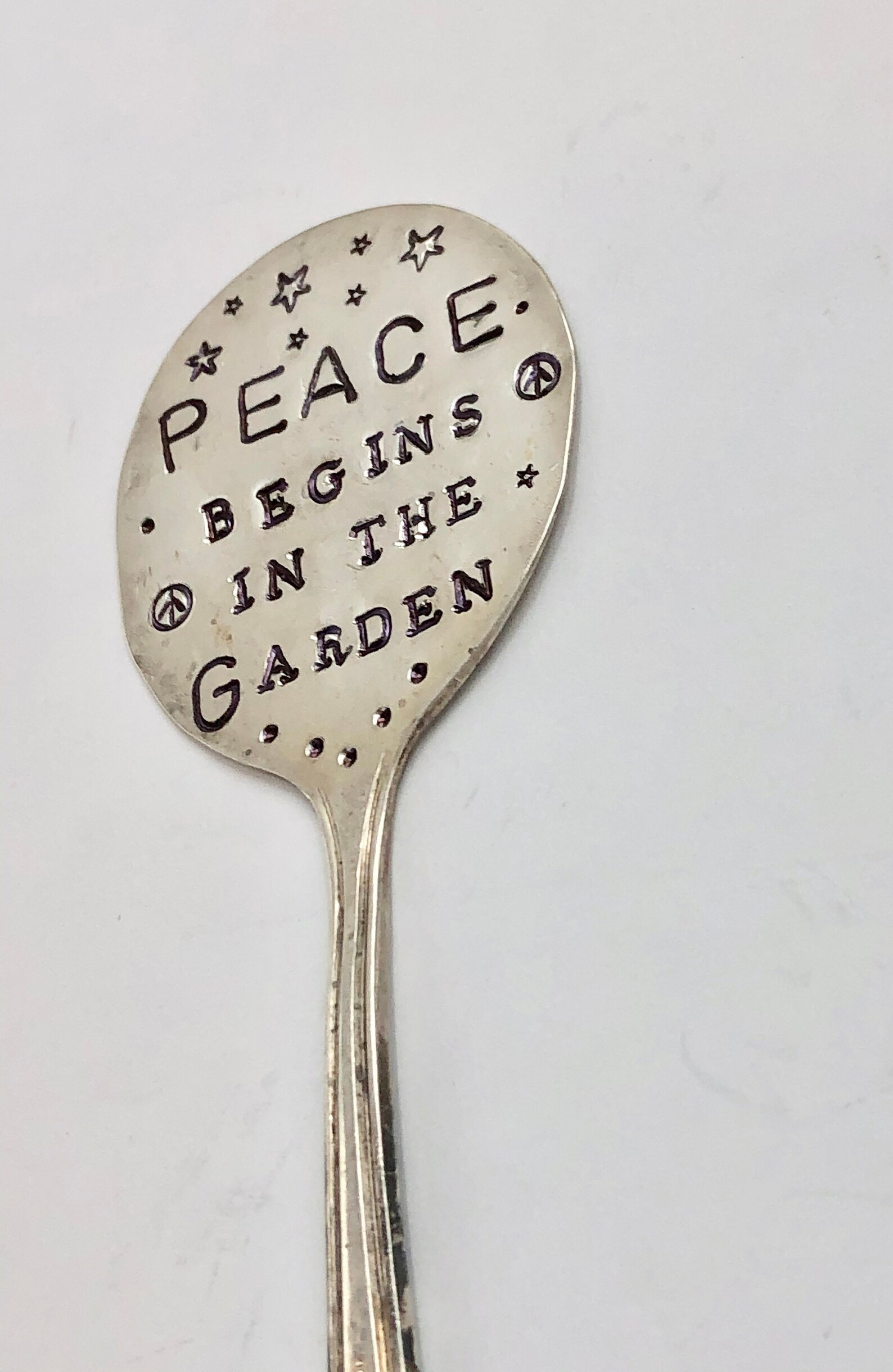 Garden Marker Peace Begins In The Garden stamped round SPOON | Etsy
