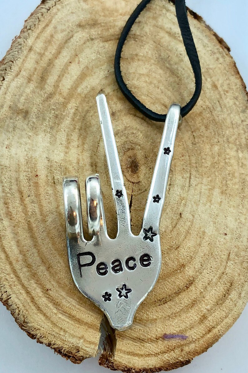 PEACE Sign Ornament With LEATHER Made From Vintage Fork Hand - Etsy