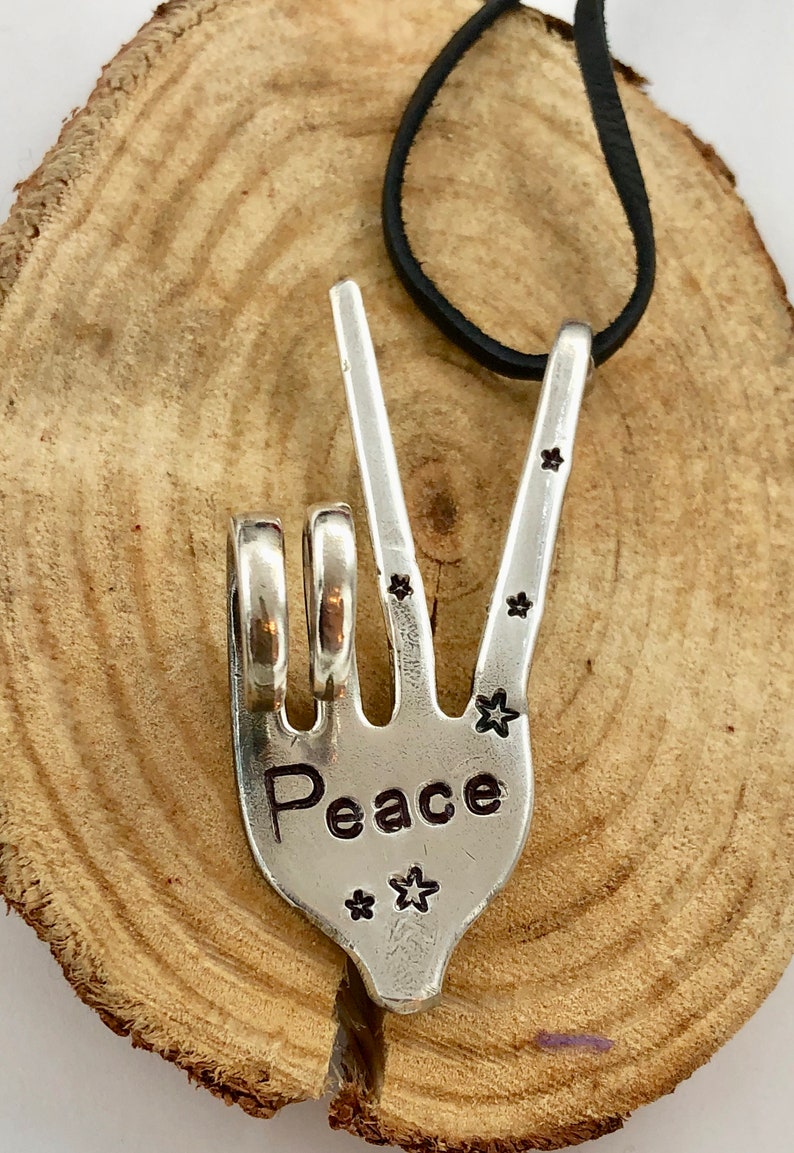 PEACE Sign Ornament With LEATHER Made From Vintage Fork Hand - Etsy