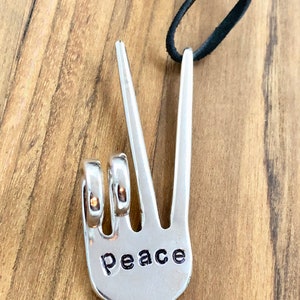 PEACE Sign Ornament With LEATHER Made From Vintage Fork, Hand Stamped ...