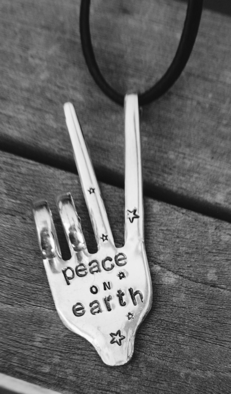 Peace Sign Ornament, Peace on Earth, Recycled Fork, Black Leather ...