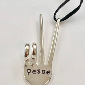 PEACE Sign Ornament With LEATHER Made From Vintage Fork, Hand Stamped ...