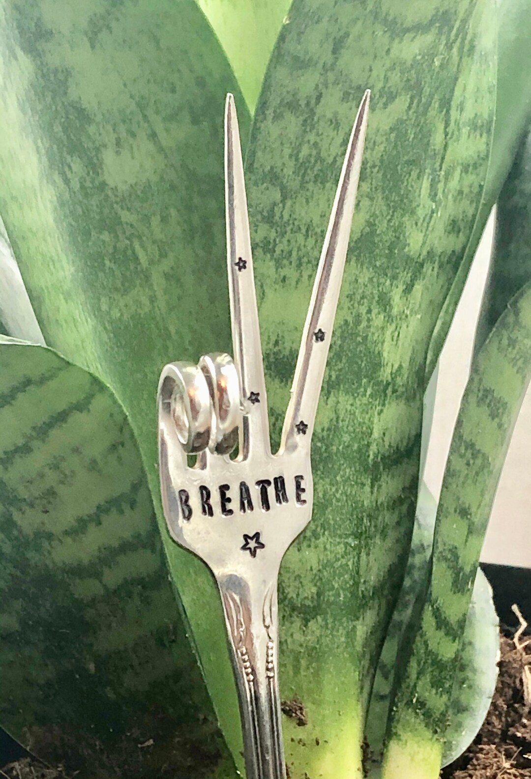 Hand Stamped Garden Marker: Silver Plate Fork, Breathe Peace Sign - Etsy
