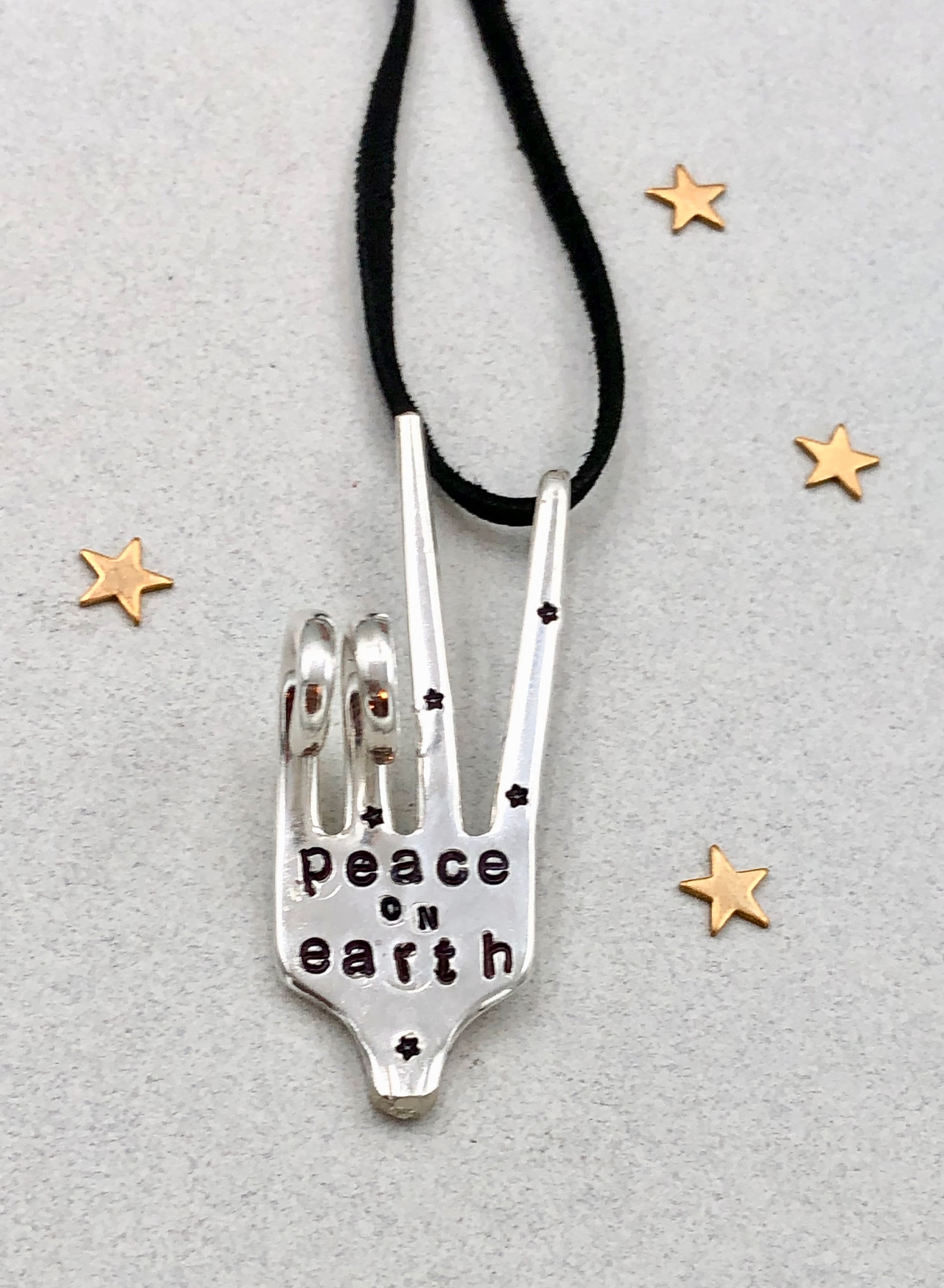 Peace Sign Ornament, Peace on Earth, Recycled Fork, Black Leather ...
