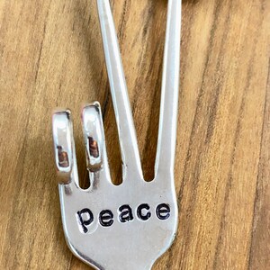 PEACE Sign Ornament With LEATHER Made From Vintage Fork, Hand Stamped ...