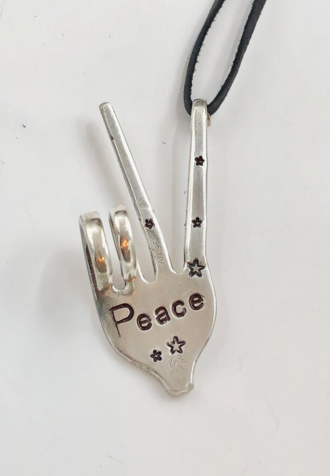 PEACE Sign Ornament With LEATHER Made From Vintage Fork Hand Stamped ...