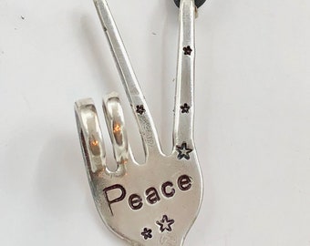 PEACE Sign Ornament With LEATHER Made From Vintage Fork, Hand Stamped ...