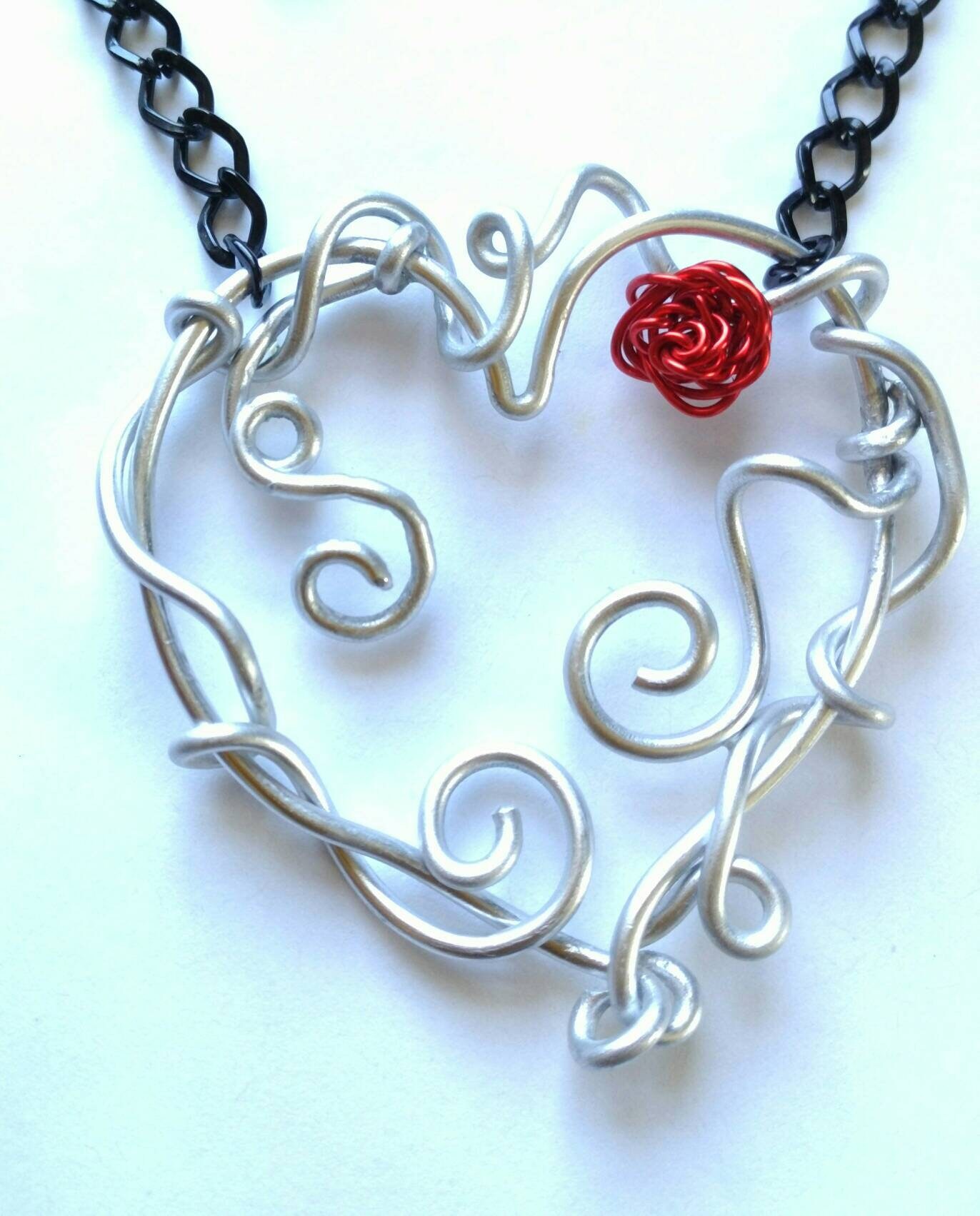 Hand-formed Wire Valentine Heart Pendant, 2-1/2, With Vines & Rose. 1 ...