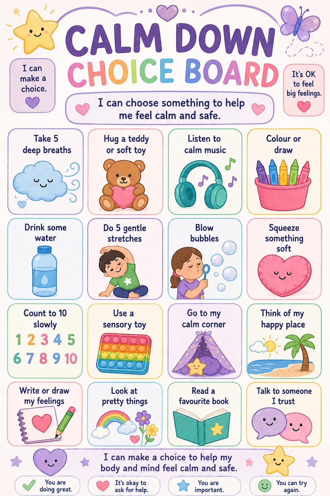 Pastel Calm Down Choice Board Printable | Emotional Regulation Visuals ...