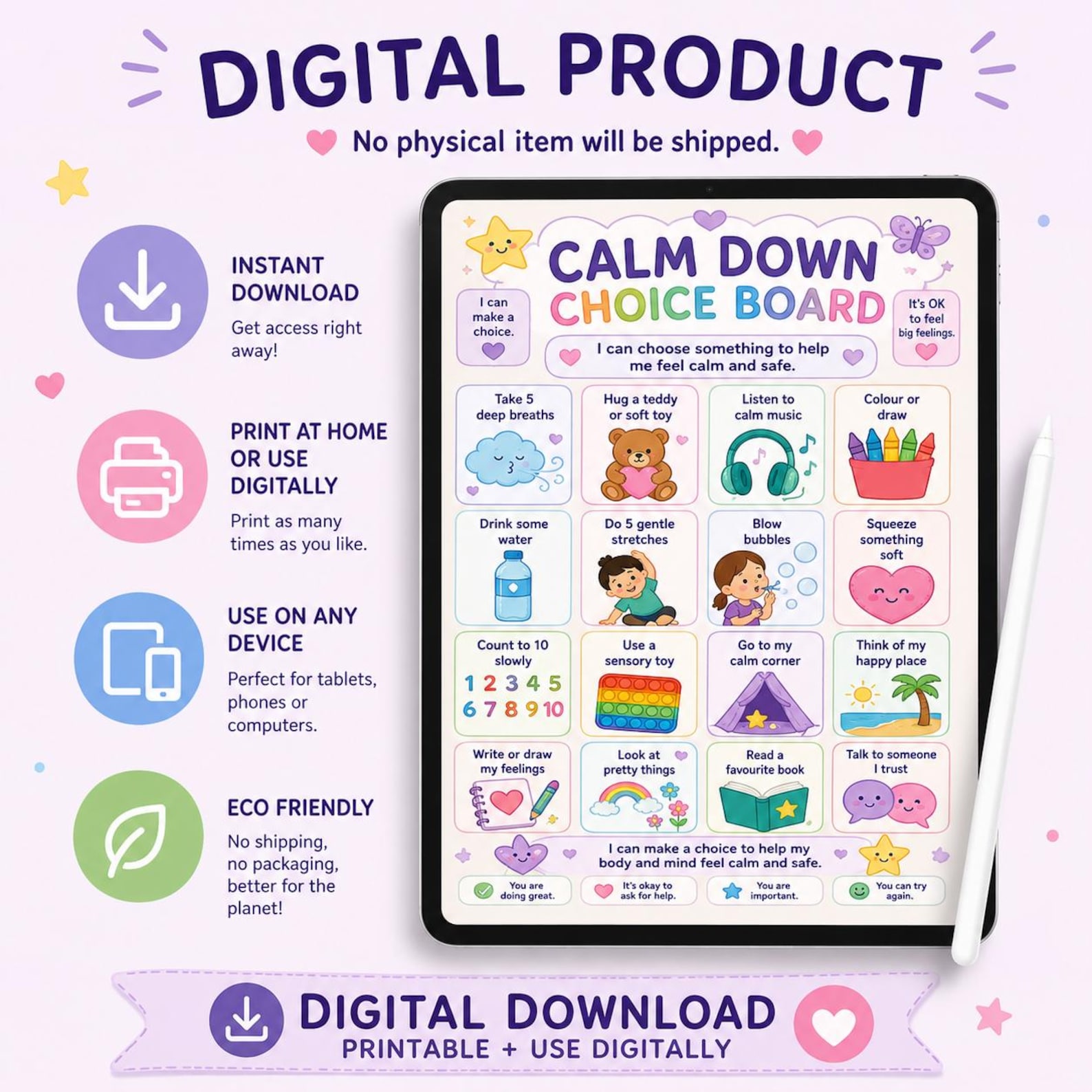 Pastel Calm Down Choice Board Printable | Emotional Regulation Visuals ...