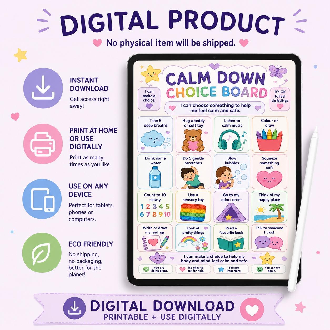 Pastel Calm Down Choice Board Printable | Emotional Regulation Visuals ...