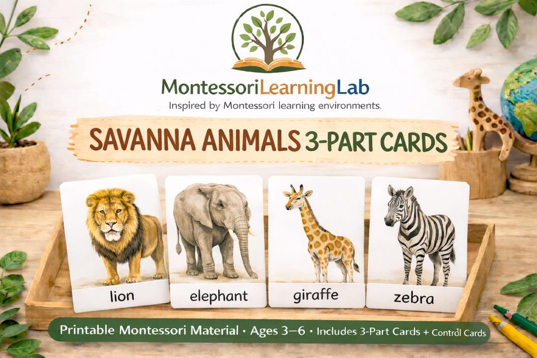 Montessori Savanna Animals 3-part Cards Printable | Safari Animal ...