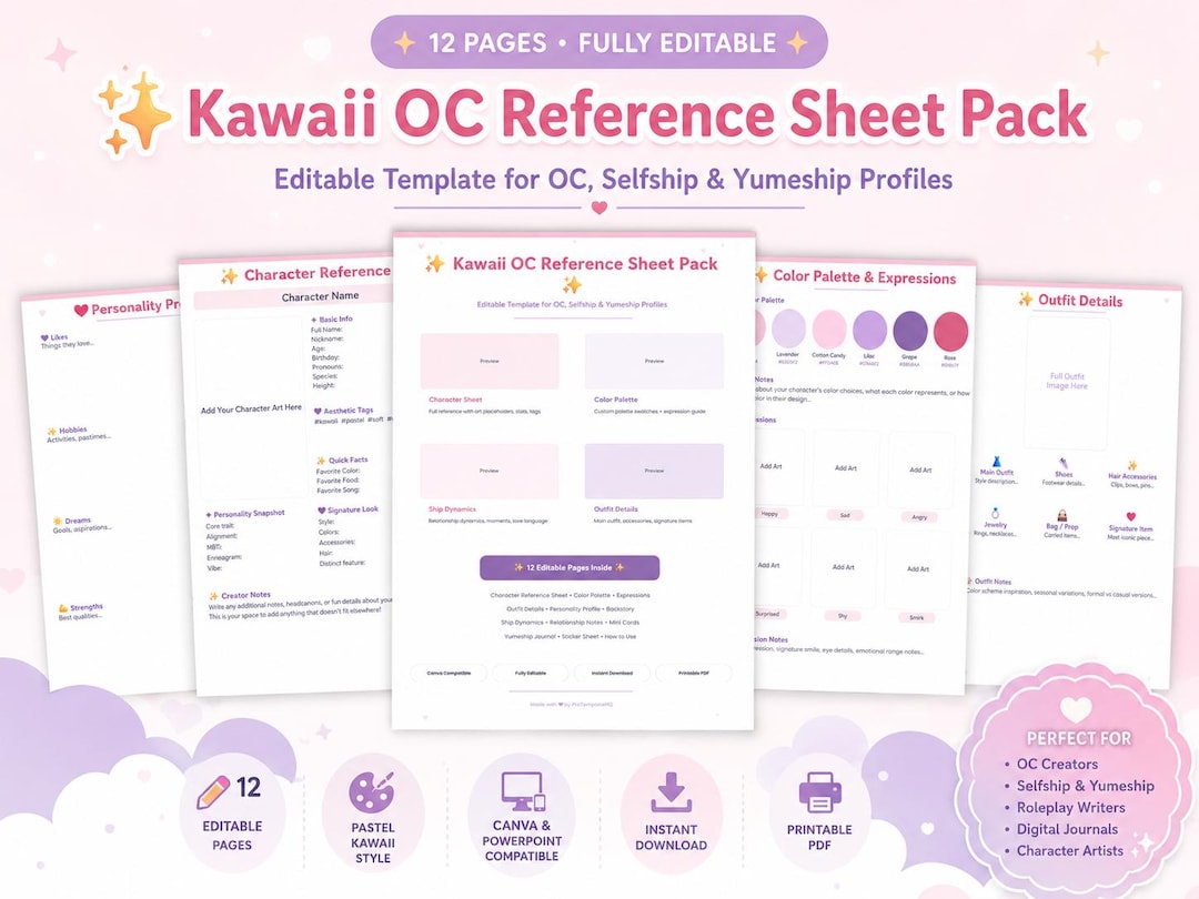 Kawaii OC Reference Sheet PDF, Pastel Character Profile Template - Etsy