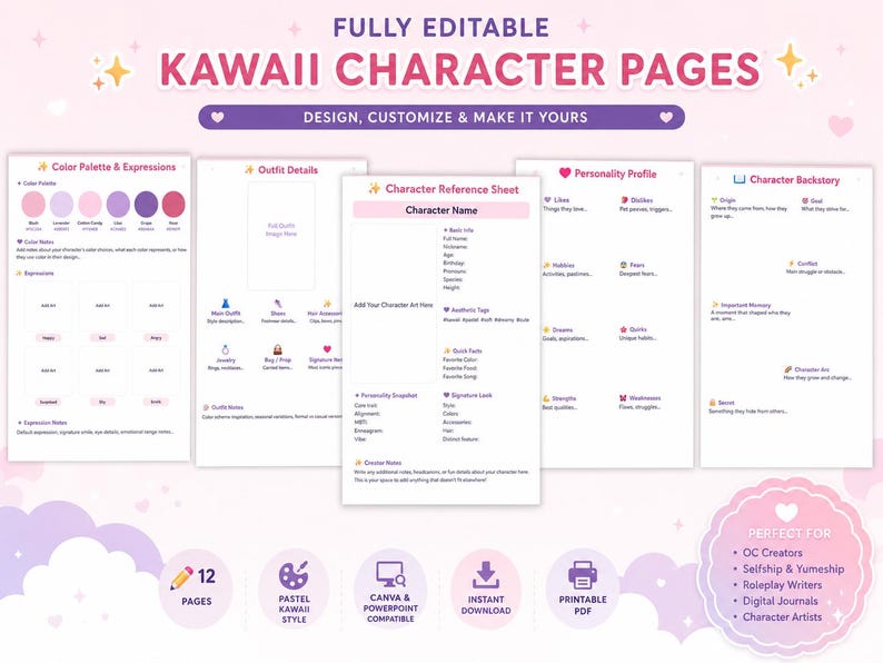 Kawaii OC Reference Sheet PDF, Pastel Character Profile Template - Etsy