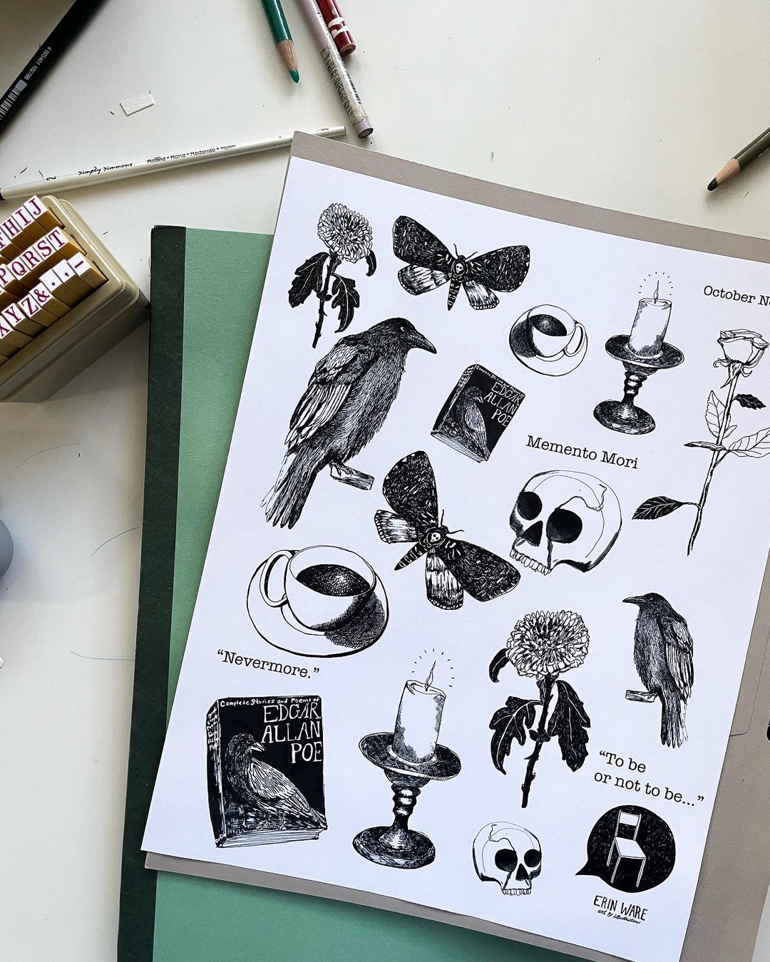 Spooky Noir Ink Drawings Moody Fall Vibes Journaling Printable Collage ...