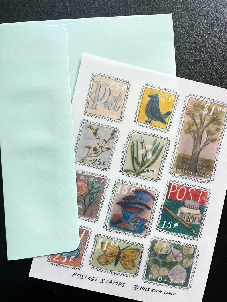 Postage Stamp Printable Stickers, Mail Art Stamp Illustrations, Pen Pal ...