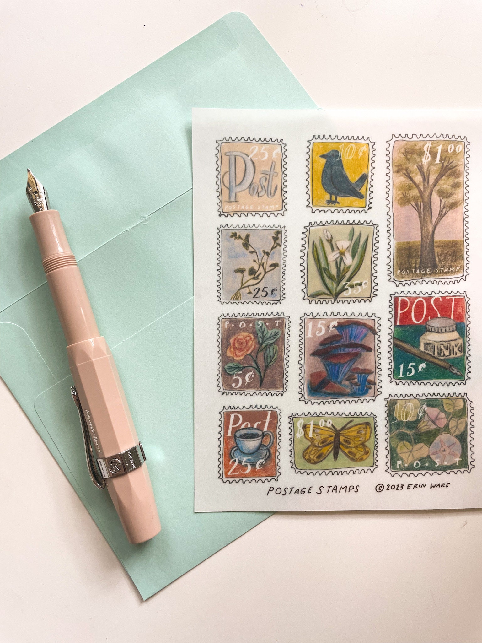 Postage Stamp Printable Stickers, Mail Art Stamp Illustrations, Pen Pal ...