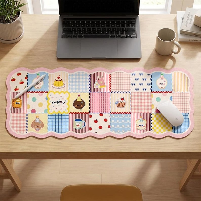 Pastel Patchwork Desk Mat, Scalloped Edge Mouse Pad, Pink Blue ...