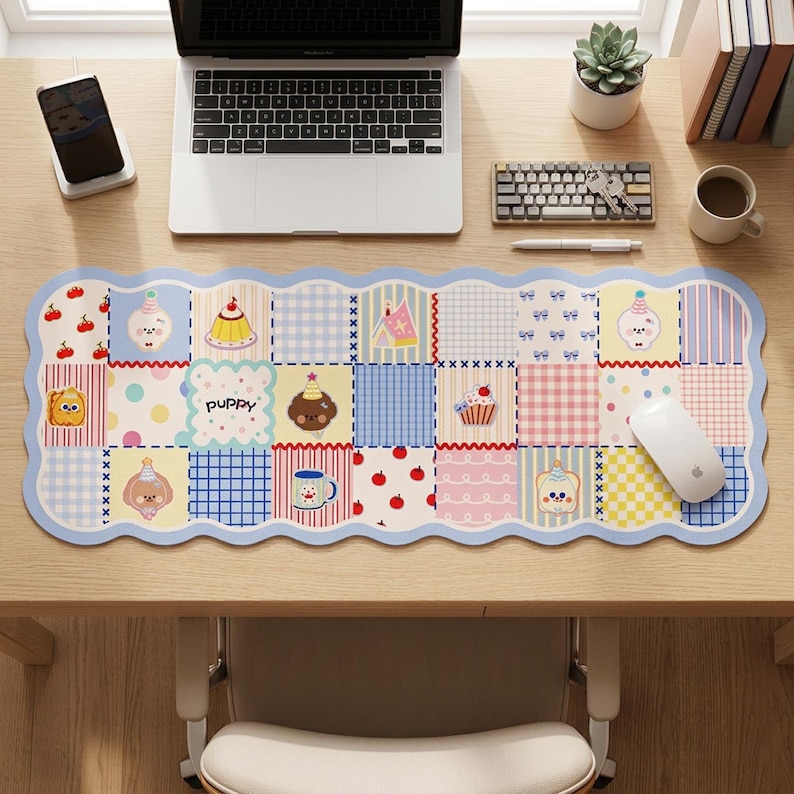 Pastel Patchwork Desk Mat, Scalloped Edge Mouse Pad, Pink Blue ...