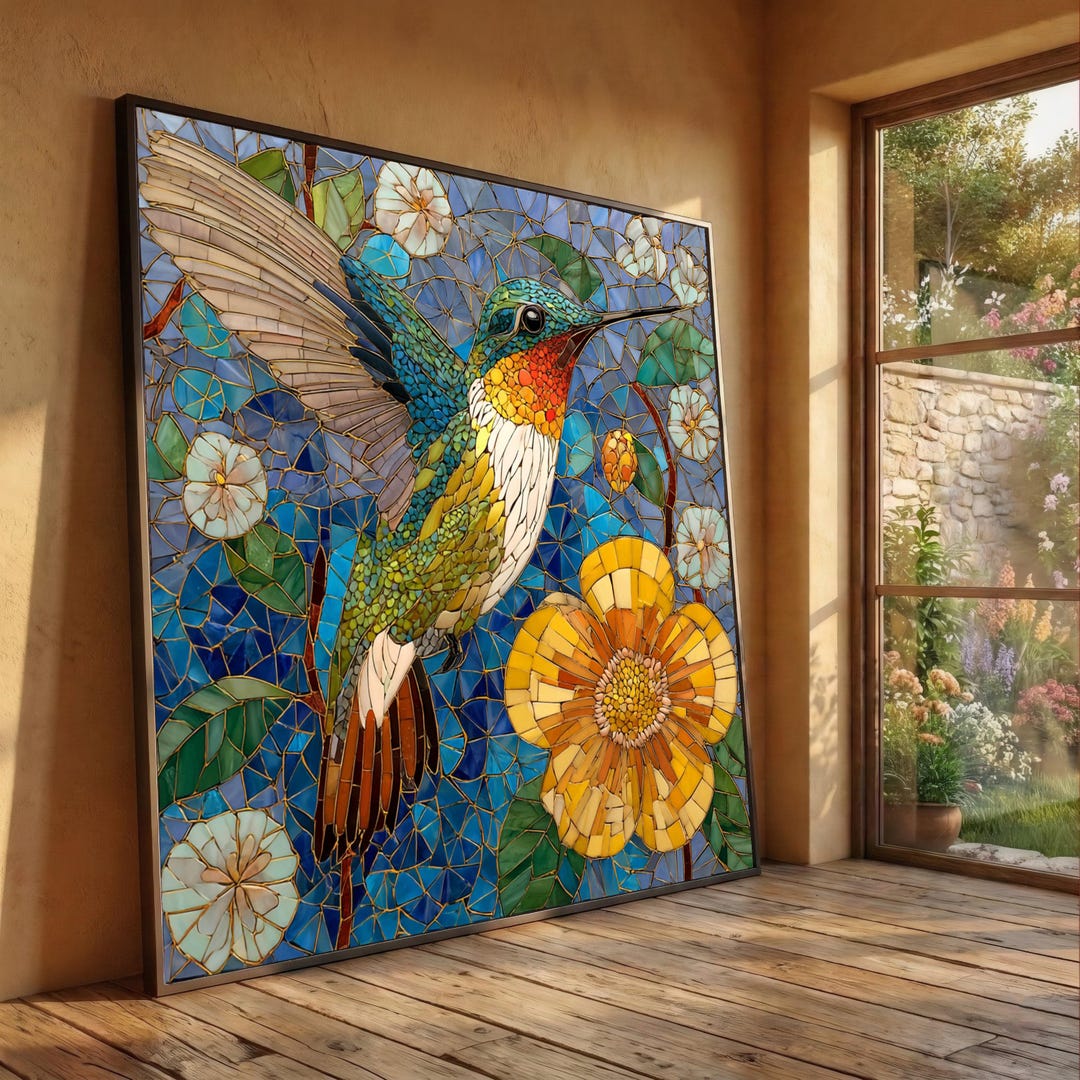 Vibrant Hummingbird Mosaic Canvas Art, Floral Nature Wall Decor, Ready ...