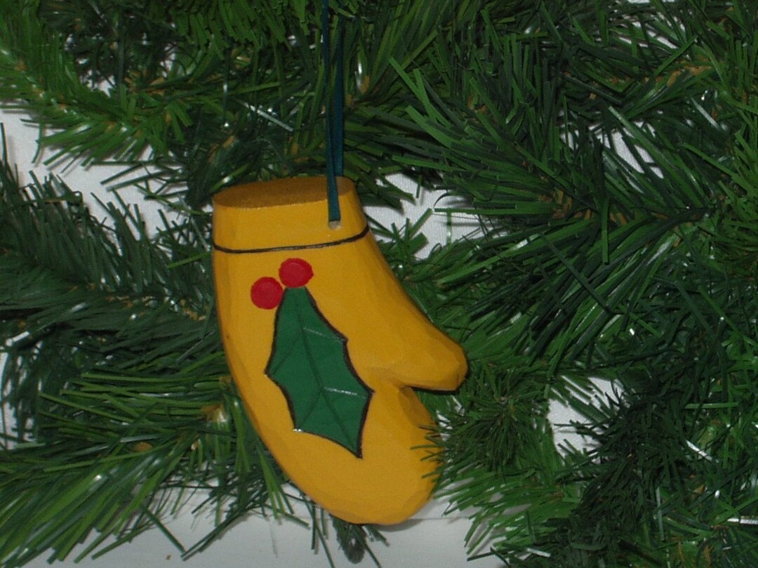 Hand Carved Wood Mitten Christmas Ornament - Yellow Mitten With ...