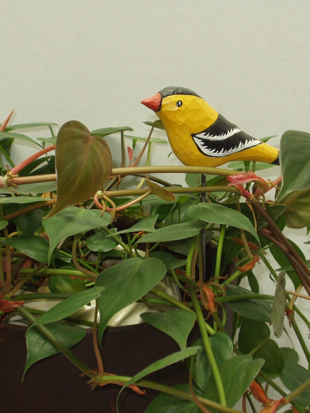 Hand Carved Yellow Finch Plant Stick, Wood Burned Decoration - Etsy