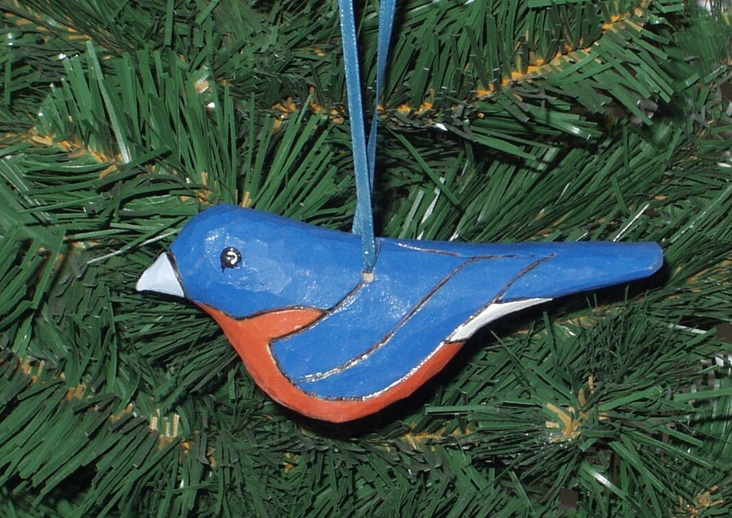 Handcarved Blue Bird Ornament - Woodcarved Bird Ornament - Holiday ...